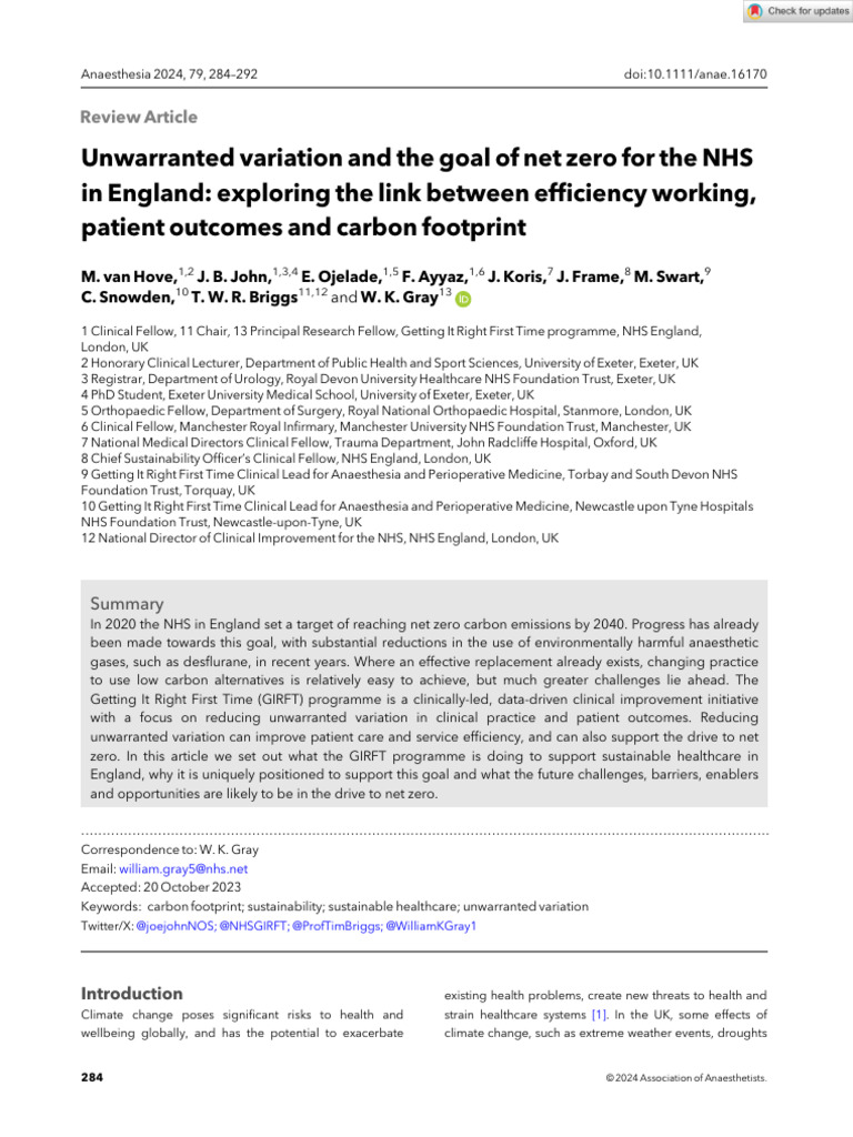 Anaesthesia - 2024 - Hove - Unwarranted Variation and The Goal of Net ...