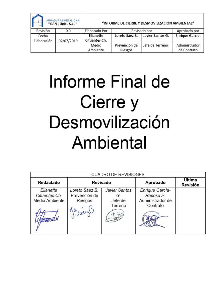 Informe de Cierre y Desmovilización Ambiental | PDF | Seguridad y salud ocupacional | Residuos