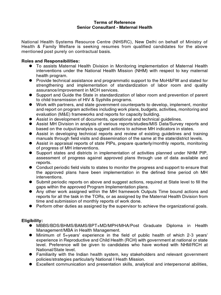 Final ToR Senior Consultant-Maternal Health, RCH, MoH&FW (1) - 1-2 ...