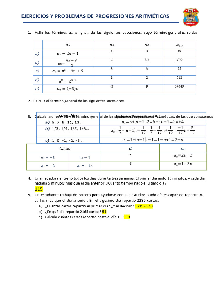 Practica Progresiones Aritméticas | PDF | Matemáticas