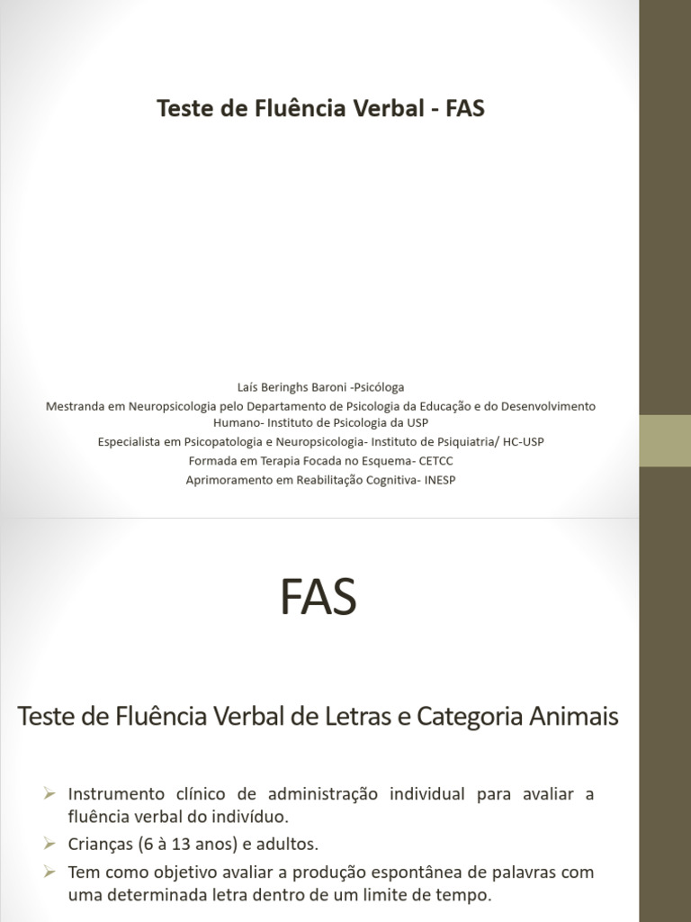 Teste de Fluência Verbal FAS | PDF | Neuropsicologia | Fluência