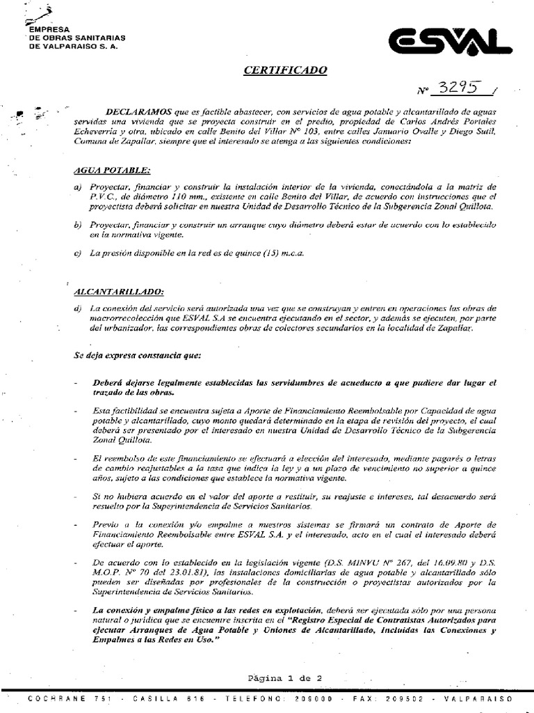 Certificado de Esval | PDF