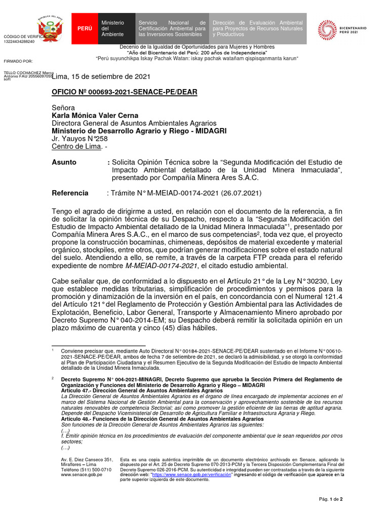 Signed Stamped Oficio 00693 2021 SENACE PE DEAR.1 | PDF | Agricultura | Entorno natural