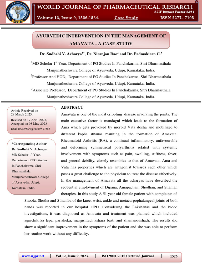 Ayurvedic Intervention in The Management of Amavata - A Case Study | PDF | Arthritis | Ayurveda