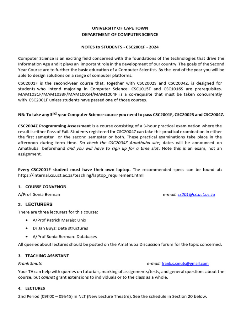 Csc2001f Notes To Students 2024 v1 | PDF | Academic Dishonesty | Plagiarism