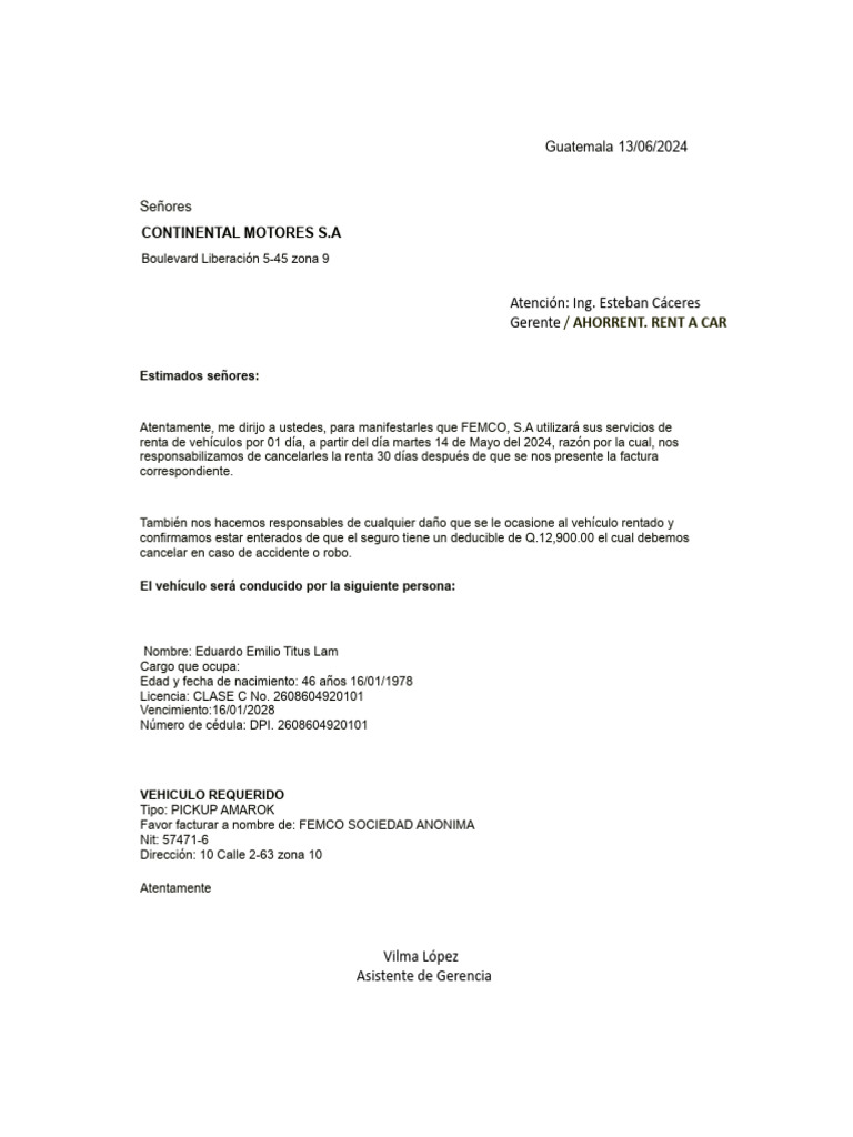 Carta de Alquiler Vilma | PDF