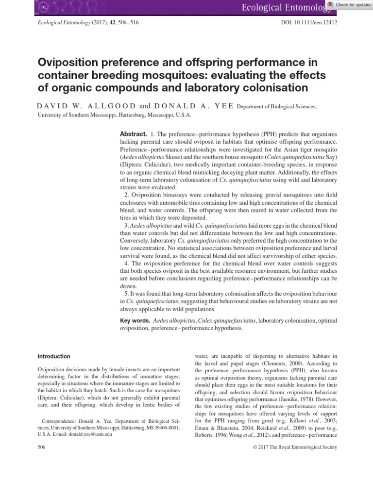 Oviposition Preference and Offspring Performance in Container Breeding ...