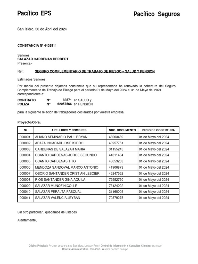 Constancia PENSION SALUD - HSC | PDF