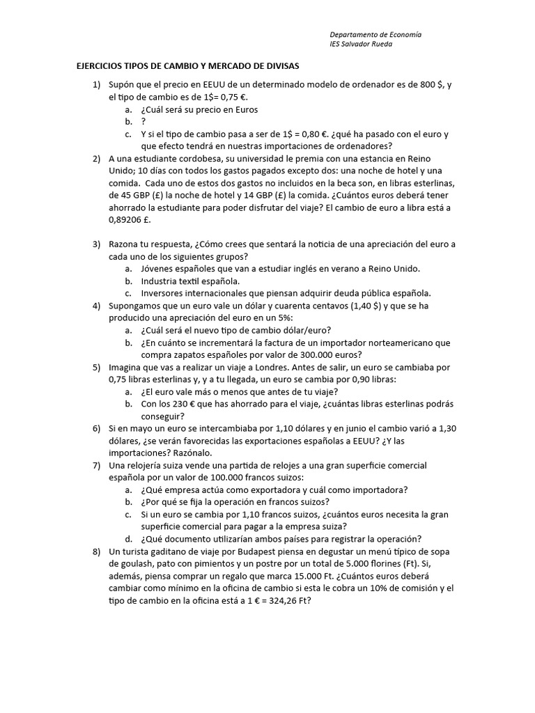 Ejercicios Tipos de Cambio y Mercado de Divisas-1 | Descargar gratis PDF | Tipo de cambio ...