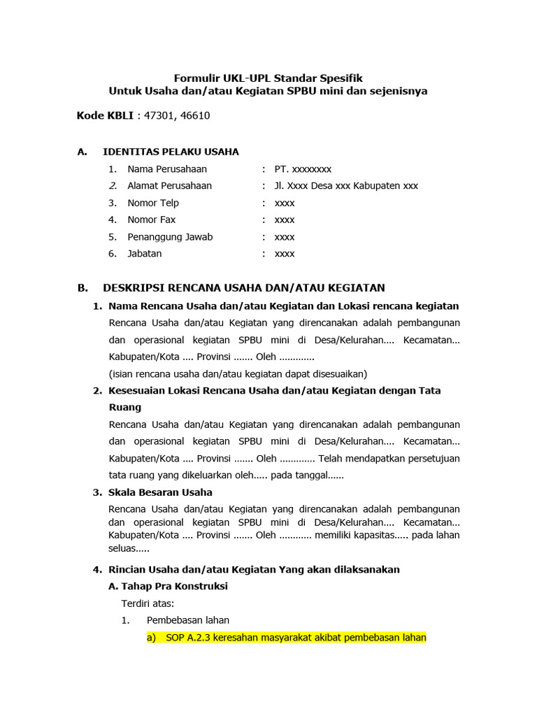 11 - Template Formulir UKL-UPL Standar Spesifik SPBU Mini - Final | PDF