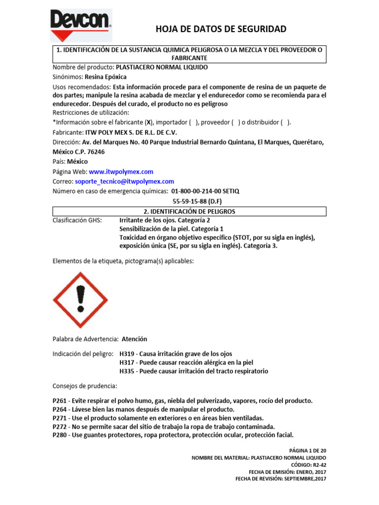 Hoja de Seguridad Plastiacero R2-42 | PDF | Agua | Residuos