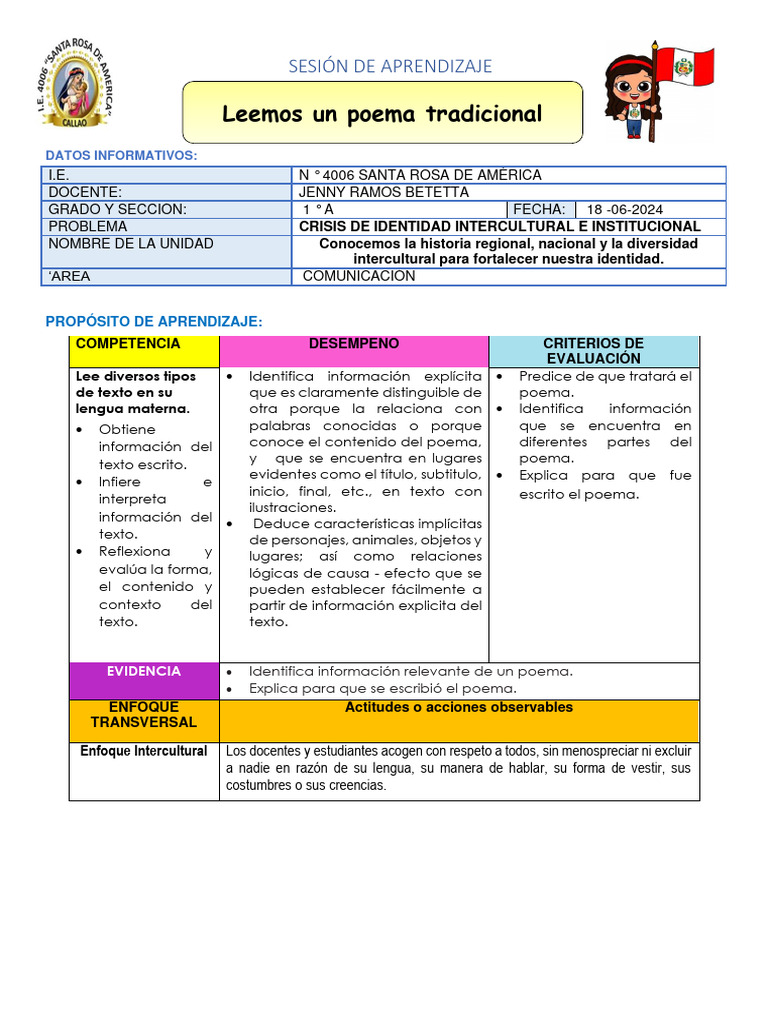 Sesión Leemos Un Poema Tradicional | PDF | Evaluación | Aprendizaje Sesión Leemos Un Poema Tradicional | PDF | Evaluación | Aprendizaje