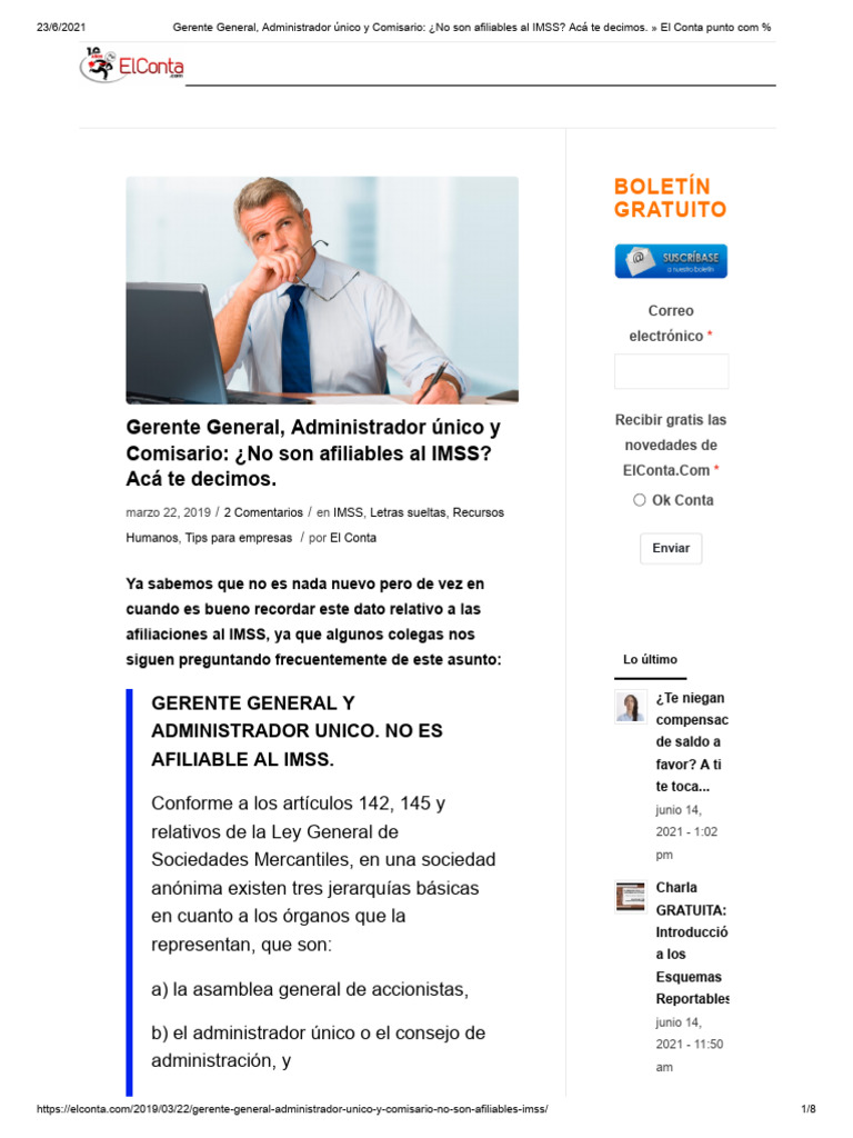 Gerente General, Administrador único y Comisario_ ¿No son afiliables al ...