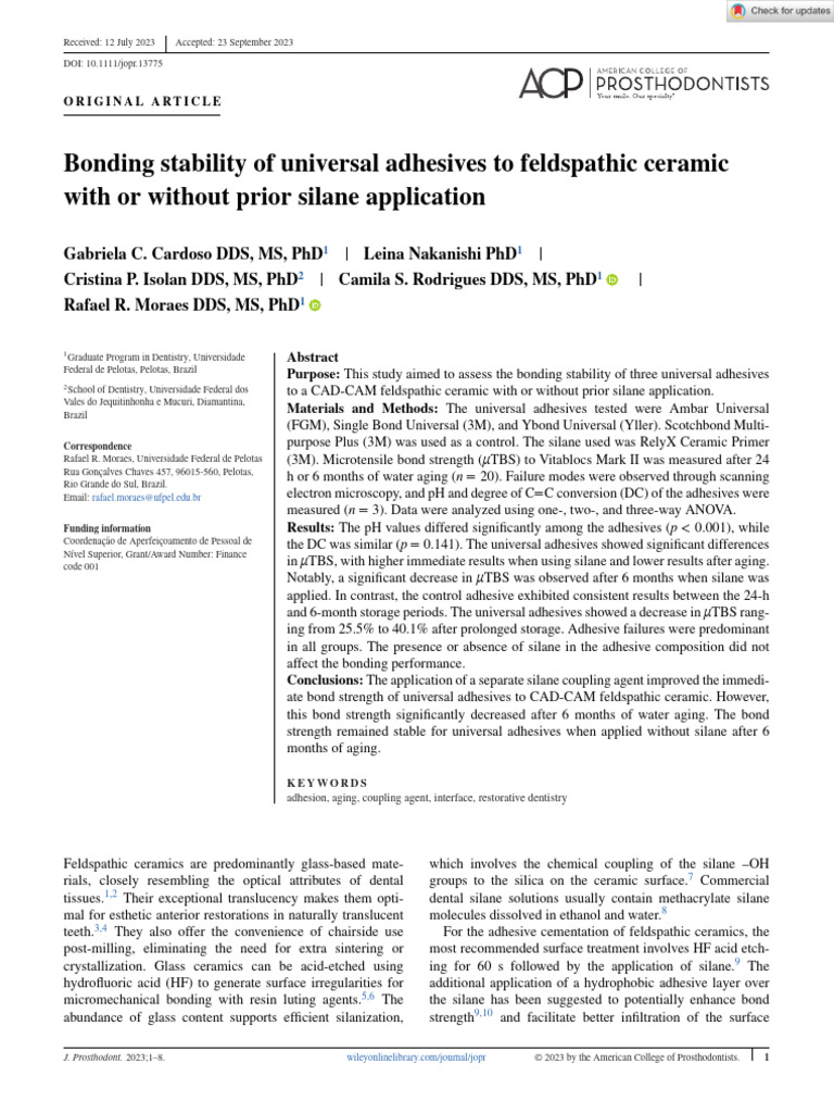 Journal of Prosthodontics - 2023 - Cardoso - Bonding Stability of ...