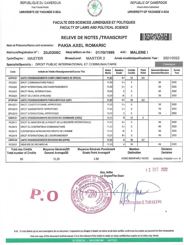 23 05 03 Relevé de Notes Master 2 Droit | PDF