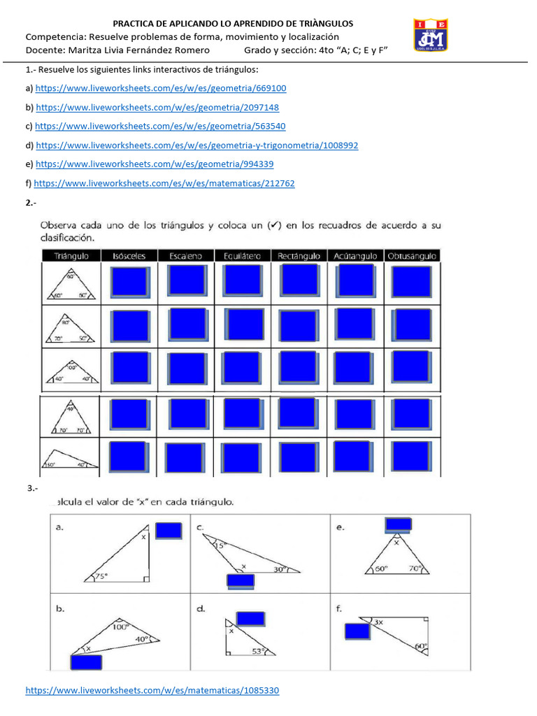 Práctica Interactiva de Triángulos 4to Grado | PDF