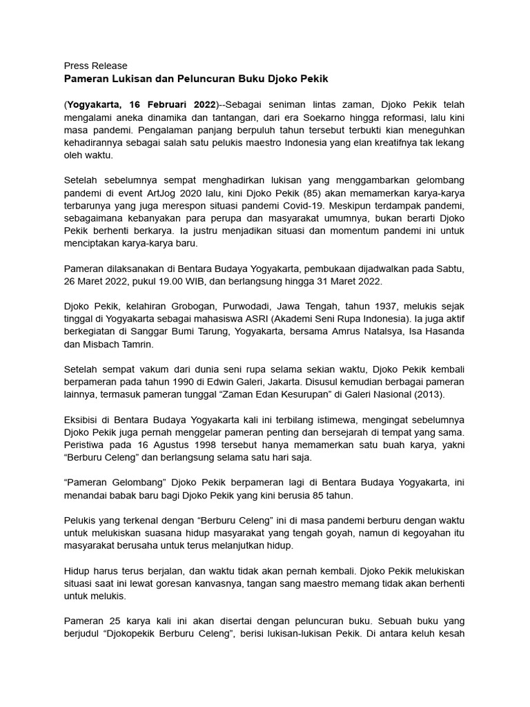 Pameran Lukisan Dan Peluncuran Buku Djoko Pekik | PDF