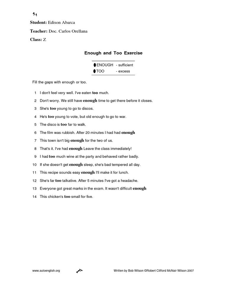 Too - Enough Exercise-1 | PDF | Language Arts & Discipline | Self ...
