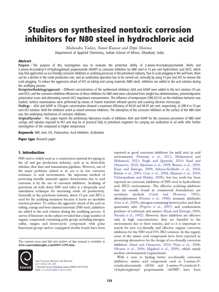 Studies On Synthesized Nontoxic Corrosio | PDF | Corrosion | Adsorption