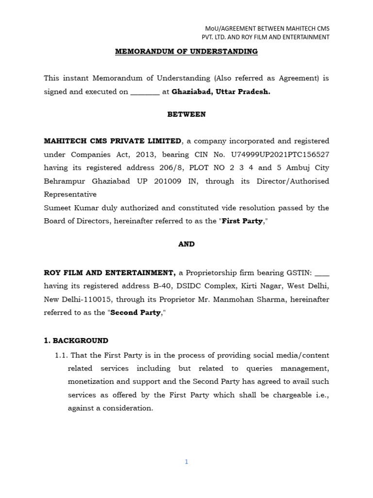 Memorandum of Understanding Mahitech-1 | PDF | Indemnity | Arbitration