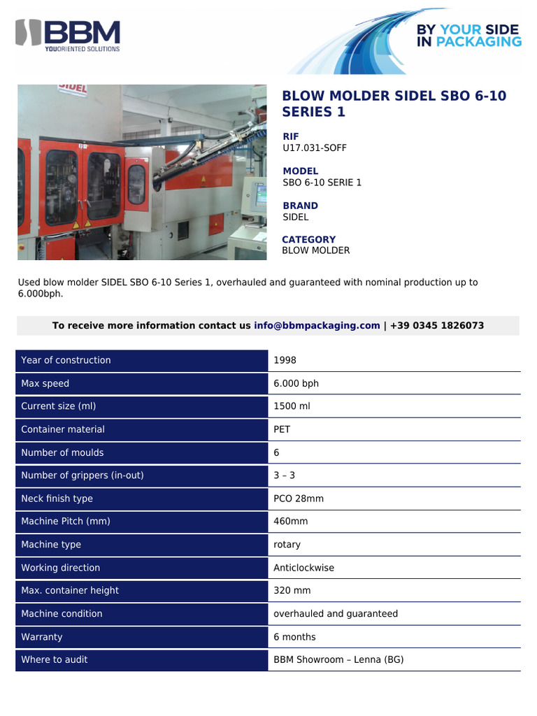 Soffiatrice Sidel Sbo 6 10 Serie 1 | PDF