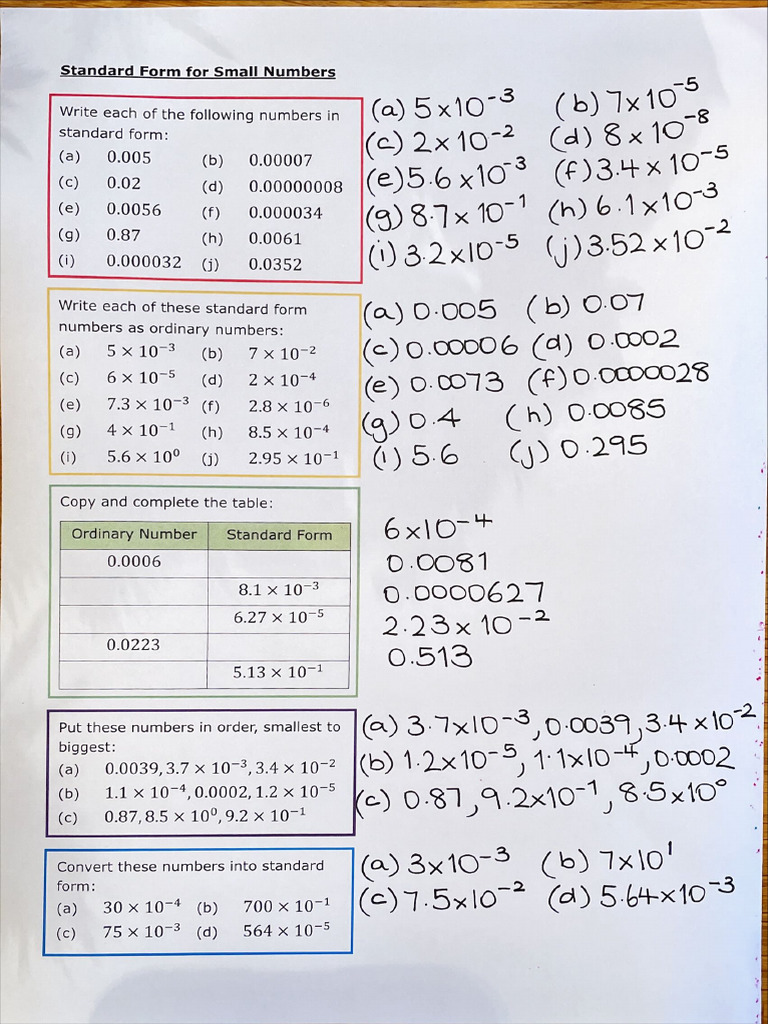 Standard Form For Small Numbers Practice Strips Answers | PDF