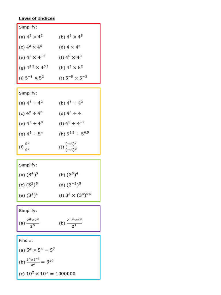 Laws of Indices Practice Strips | PDF