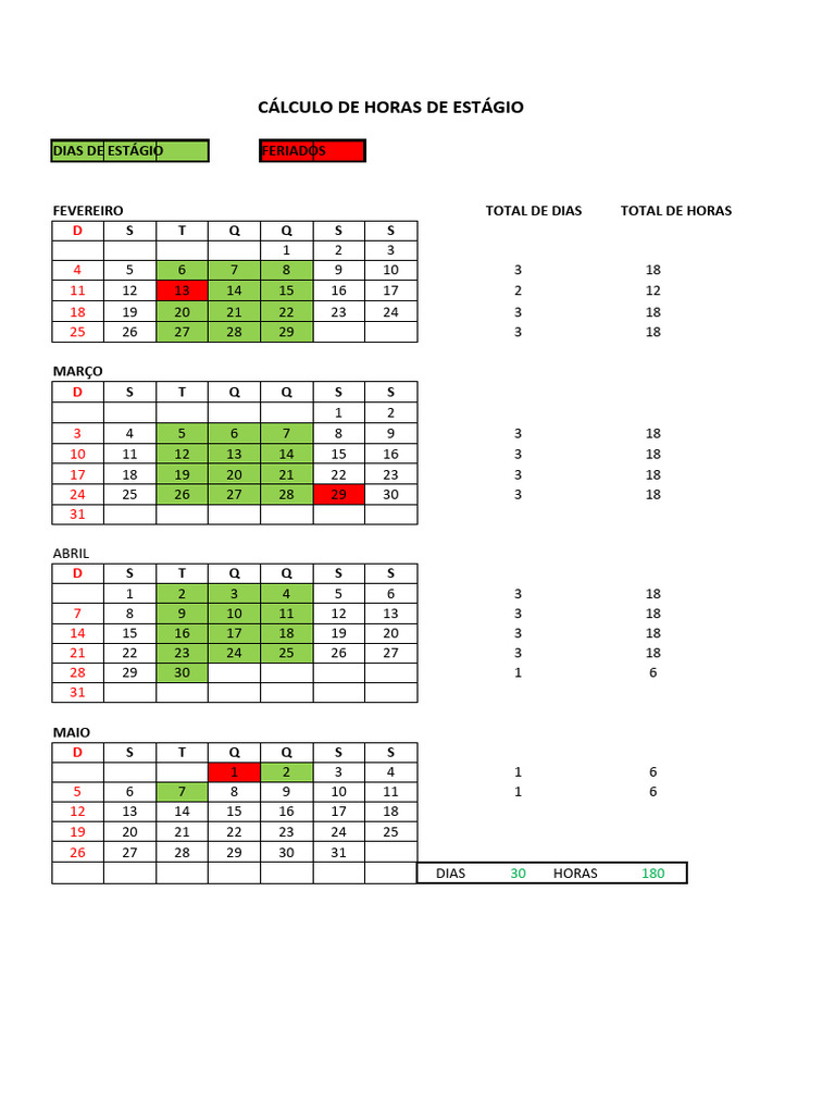 Planilha para Cálculo de Horas e Dias de Estágio | PDF