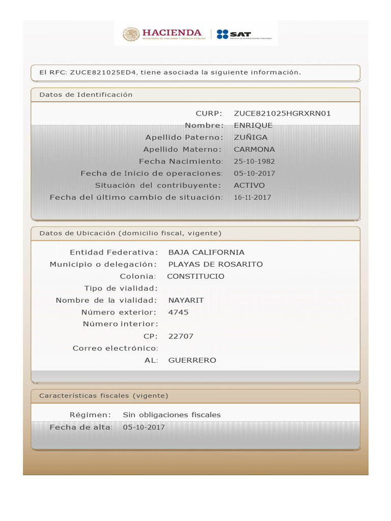 El RFC: ZUCE821025ED4, Tiene Asociada La Siguiente Información | PDF ...