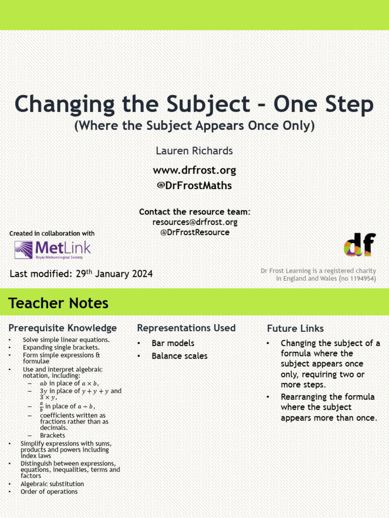 Changing The Subject - One Step - Lesson | PDF | Equations | Heat Capacity