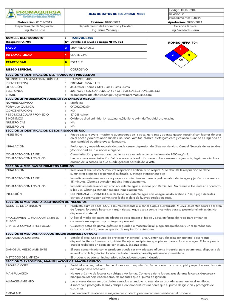 Hoja de Seguridad HAMIVOL B405 | PDF | Agua | Corrosión