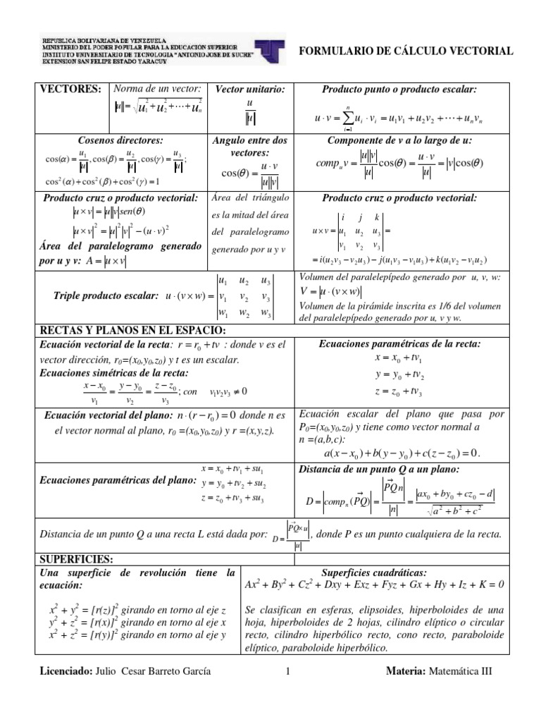 Formulario Calculo Vectorial | PDF | Vector Euclidiano | Objetos matemáticos