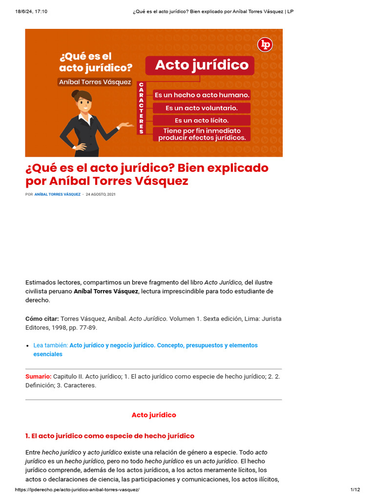 ¿Qué Es El Acto Jurídico - Bien Explicado Por Aníbal Torres Vásquez - LP | PDF | Libertad ...