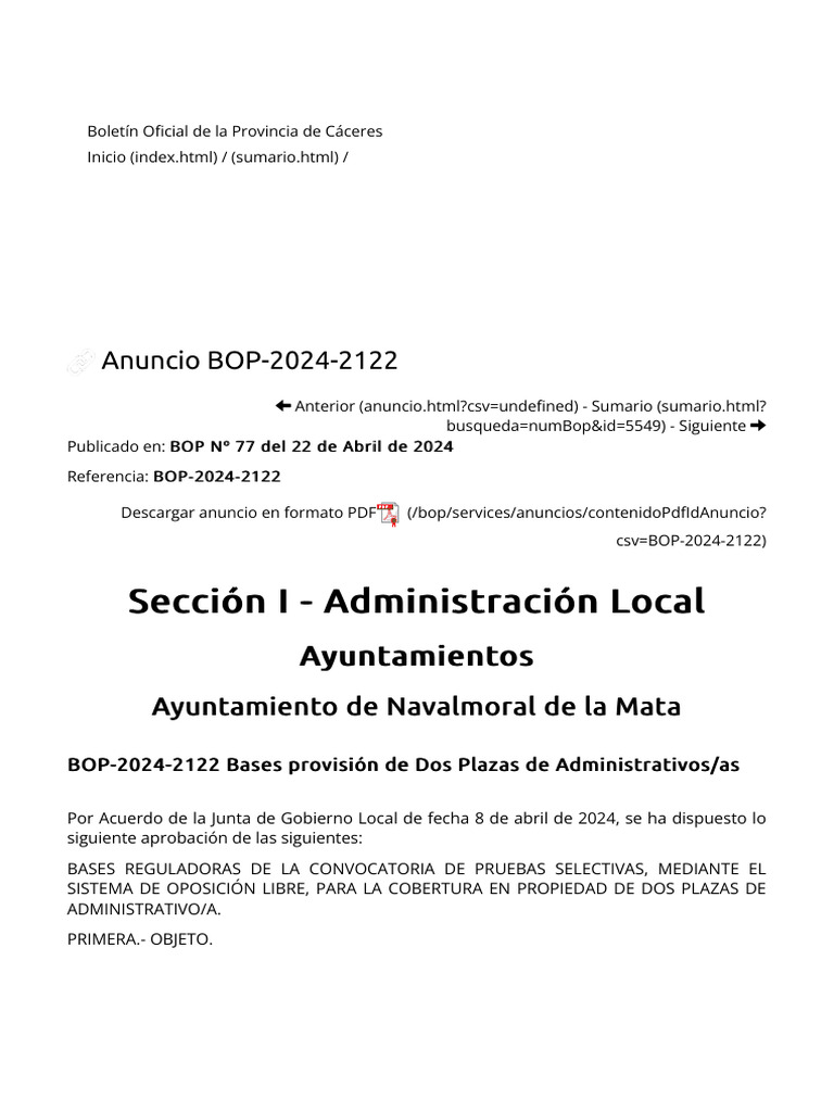Boletín Oficial de La Provincia de Cáceres - Anuncio BOP-2024-2122 Del Día 16-04-2024, BOP #77 ...