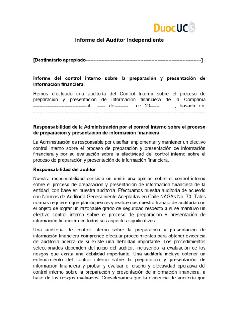 8 Modelo Informe Del Auditor Independiente | Descargar gratis PDF | Auditoría | Contralor