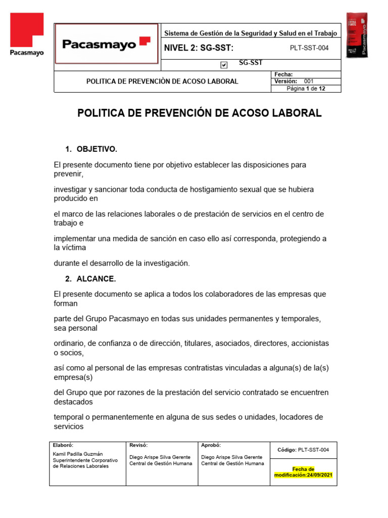 Plt Sst 004 Política De Prevención De Acoso Laboral Pdf Acoso