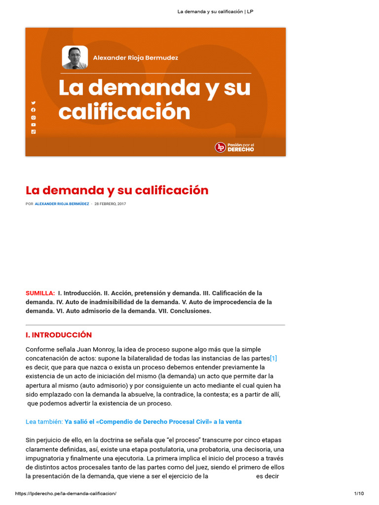 Calificación de la Demanda en Derecho | PDF | Ley procesal | Demanda ...