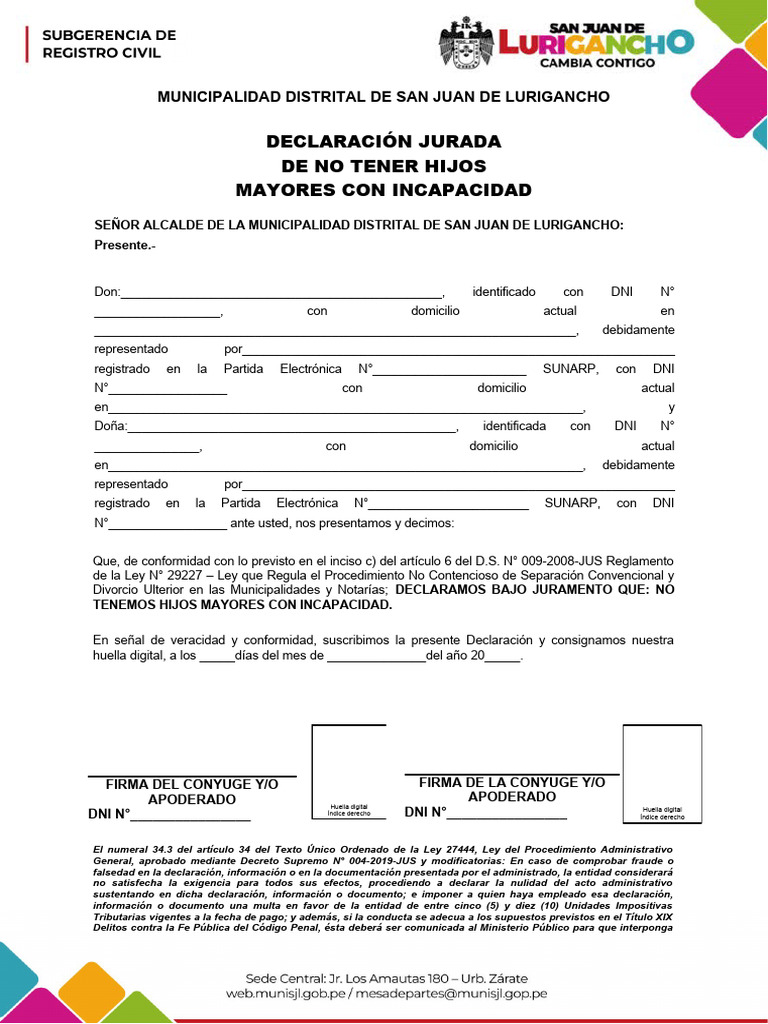 Declaracion Jurada de No Tener Hijos Mayores Con Incapacidad | Descargar gratis PDF | Documento ...