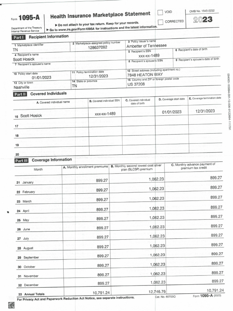 Scott Hosick 1095-A Health Insurance Marketplace 2023 Statement | PDF