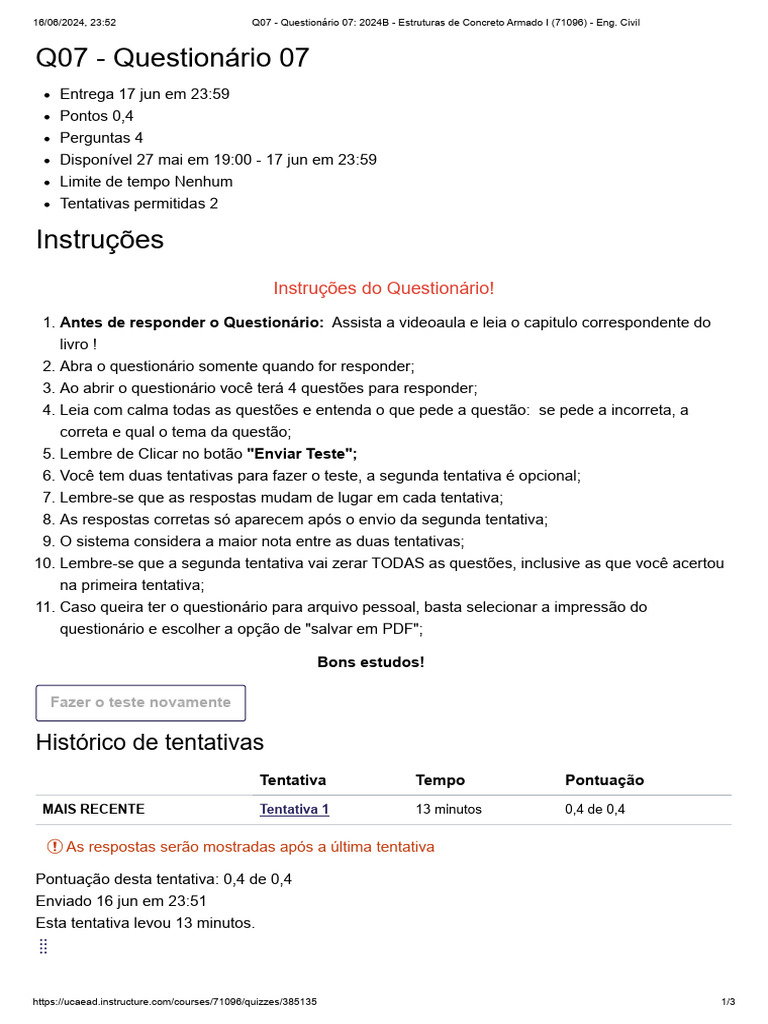 Q07 - Questionário 07 - 2024B - Estruturas de Concreto Armado I (71096) - Eng. Civil | PDF | Viga