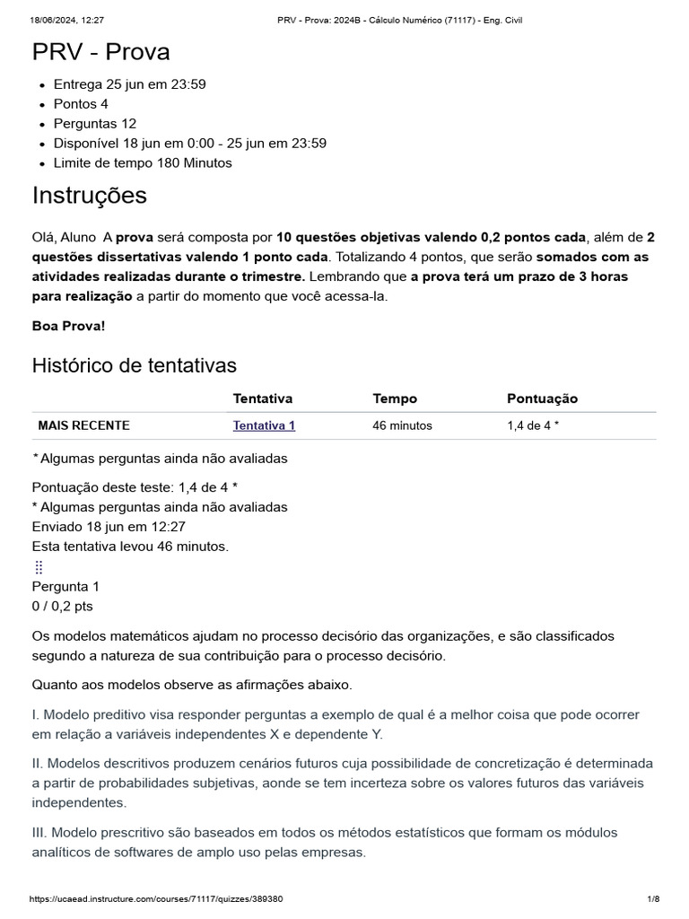 PRV - Prova - 2024B - Cálculo Numérico (71117) - Eng. Civil | PDF | Matemática | Cálculo