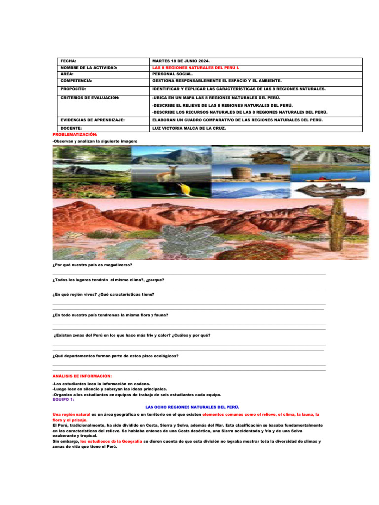 Ficha Quinto. Las 8 Regiones Naturales Del Perú I. Personal Social | Descargar gratis PDF | Perú ...