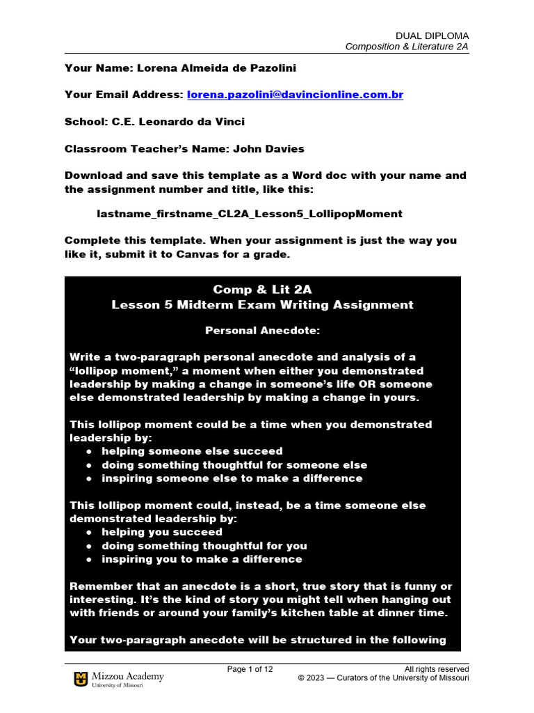 PAZOLINI LORENA CL2A Lesson5 LollipopMoment | PDF | Leadership | Experience