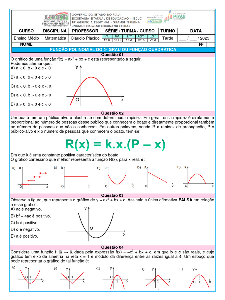 Atividade Sobre Função Quadrática | PDF | Matemática | Funções e ...