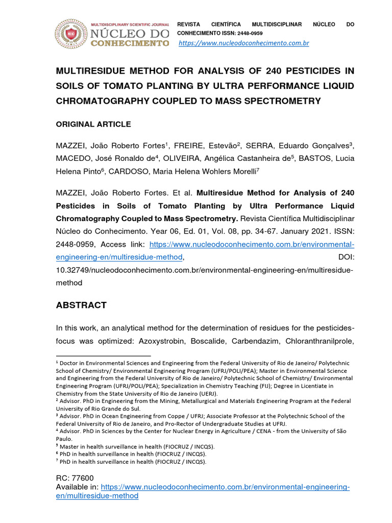 Multiresidue Method For Analysis of 240 Pesticides in Soils of Tomato Planting by Ultra ...