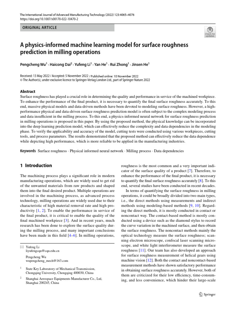 A Physics Informed Machine Learning Model For Surface Roughness Prediction in Milling Operations ...