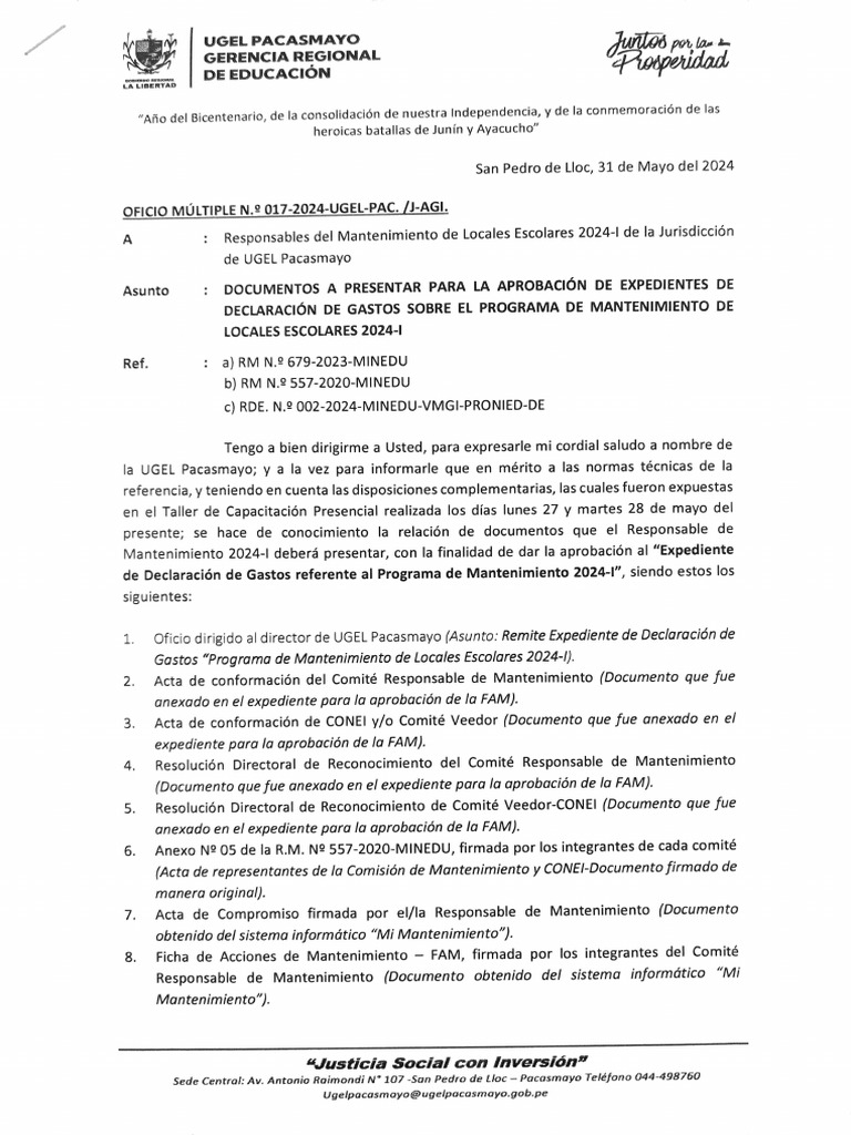 Oficio Múltiple #017-2024-Presentación de Exp para Aprobación de Dg-Mantenimiento 2024-I | PDF