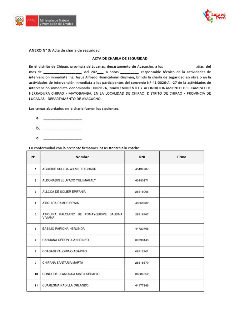 Acta de Charla de Seguridad 1 | PDF