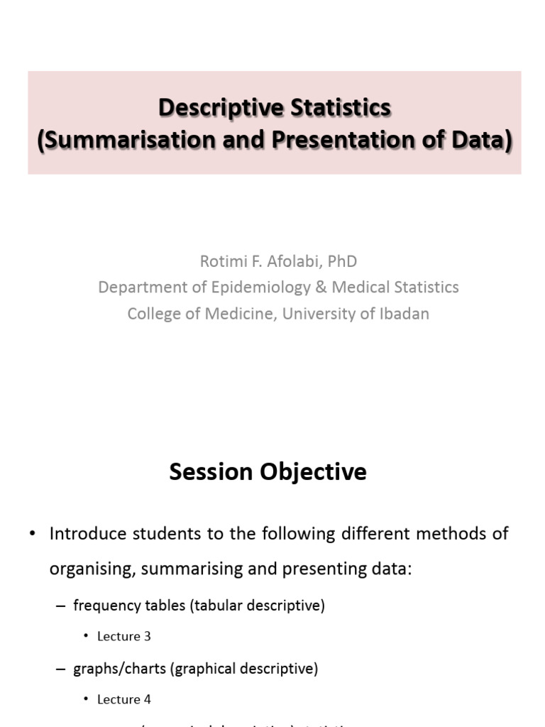 Lectures 3 - 6 (Descriptive Statistics) - 2018 | PDF | Mean | Median