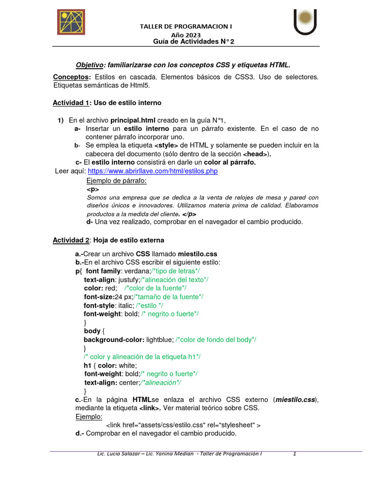 Guía de Actividades N° 2_2023 | Descargar gratis PDF | Programación de computadoras | HTML